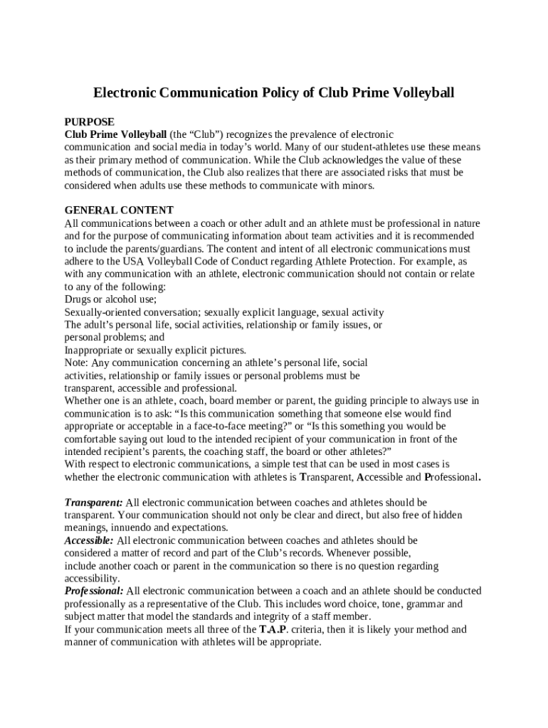 Electronic Communication Policy of Club Prime Volleyball Doc Template | pdfFiller