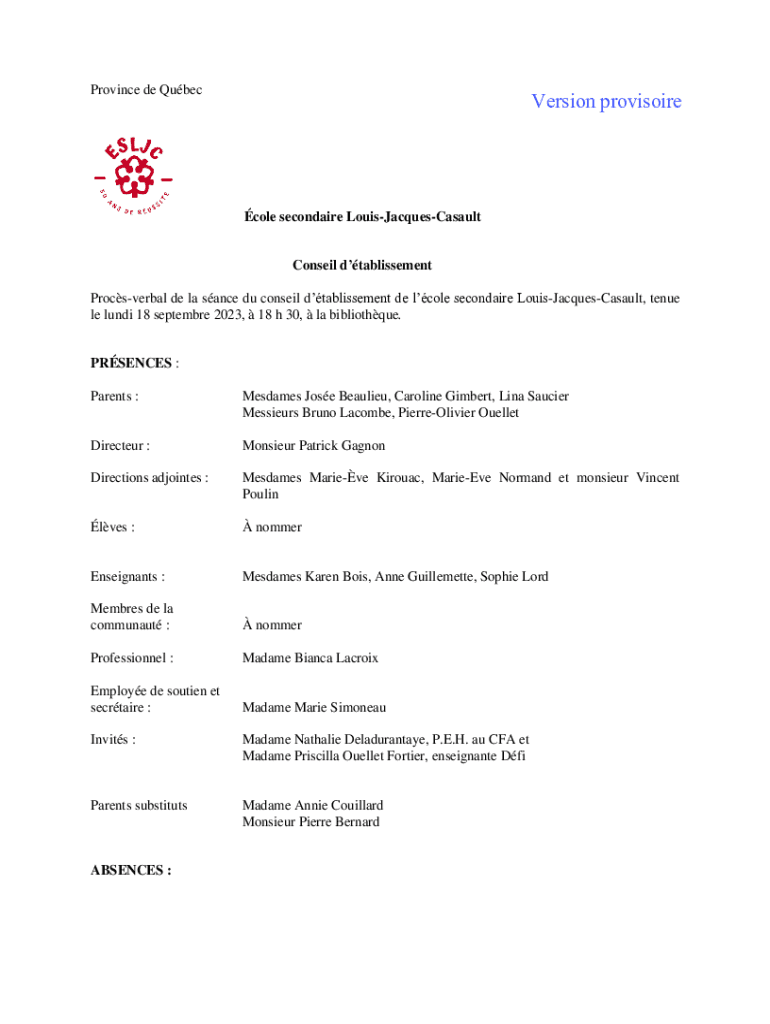 Remplissable En Ligne Procs-verbal de la sance du conseil d'tablissement de l ... Fax Email ...