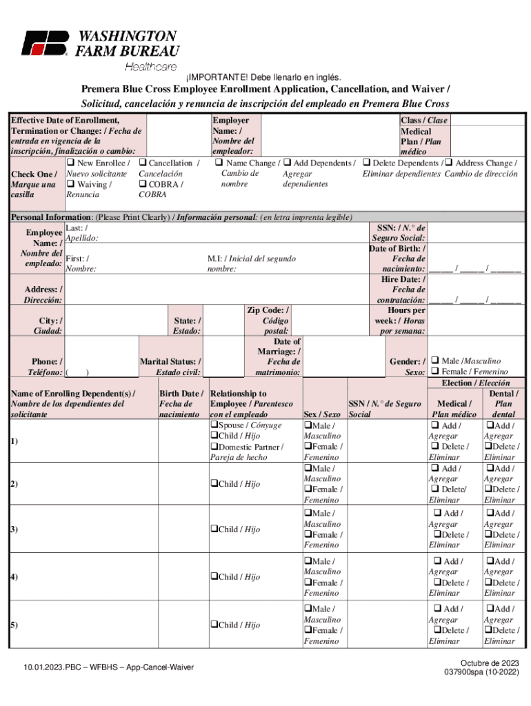 Completable En línea Premera Blue Cross Employee Enrollment Application ...