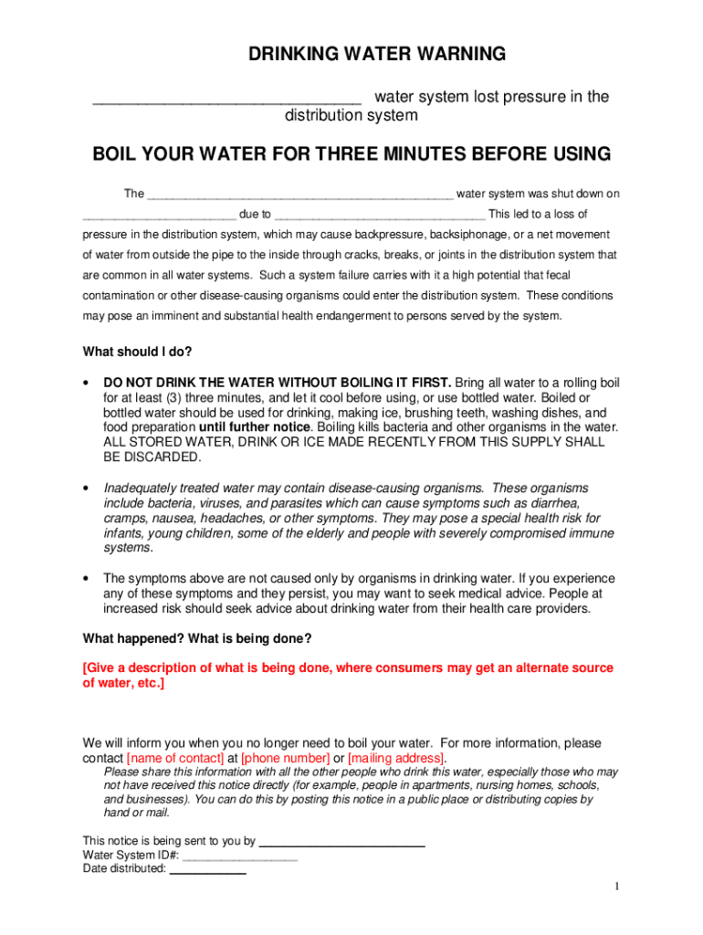 Fillable Online Public Notification - Drinking Water System Pressure ...