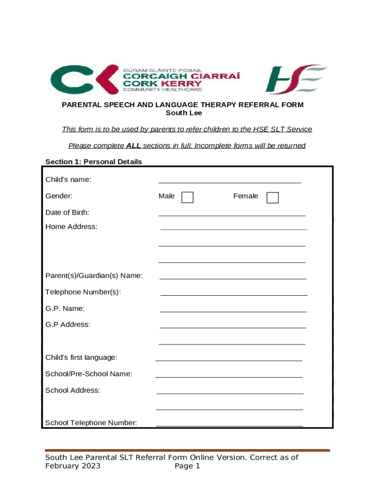 Parental SLT Referral South Lee Doc Template | pdfFiller