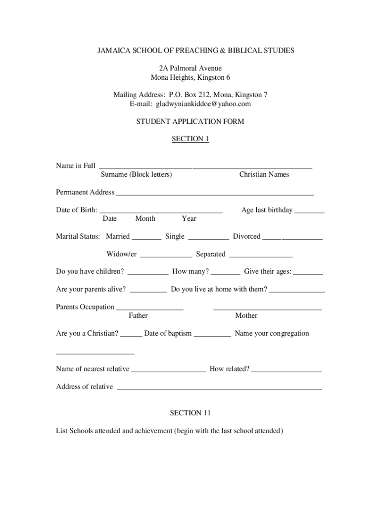 Fillable Online Jamaica School of Preaching & Biblical Studies (International ... Fax Email ...