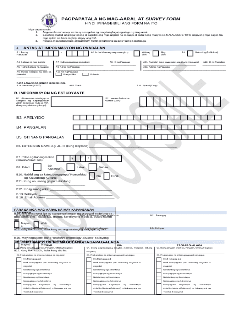Not For Sale: Pagpapatala NG Mag-Aaral at Survey Doc Template | pdfFiller