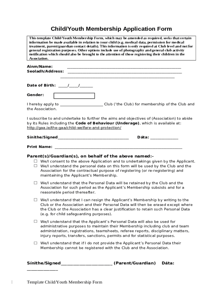 Child Youth Membership 2019 Doc Template | pdfFiller