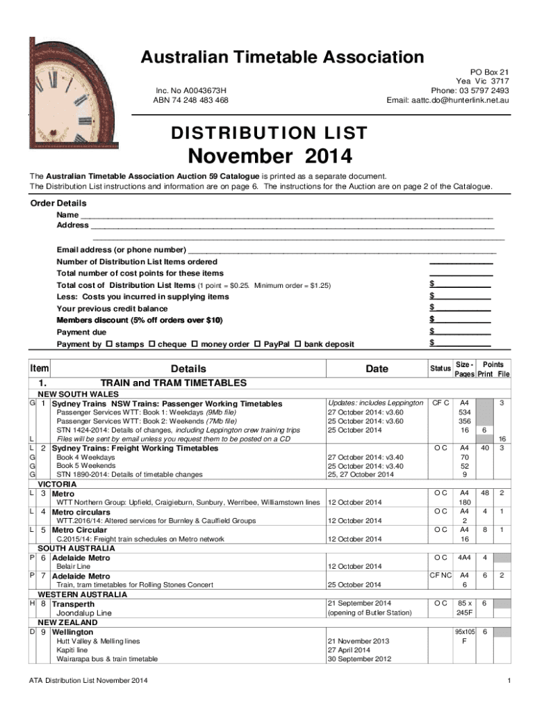 Fillable Online The Australian Timetable Association Auction 59 Catalogue is printed as a ...
