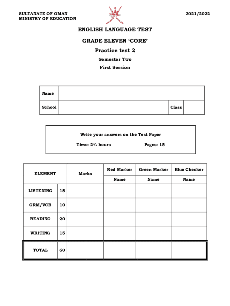 Fillable Online ENGLISH LANGUAGE TEST GRADE ELEVEN 'CORE ... Fax Email ...