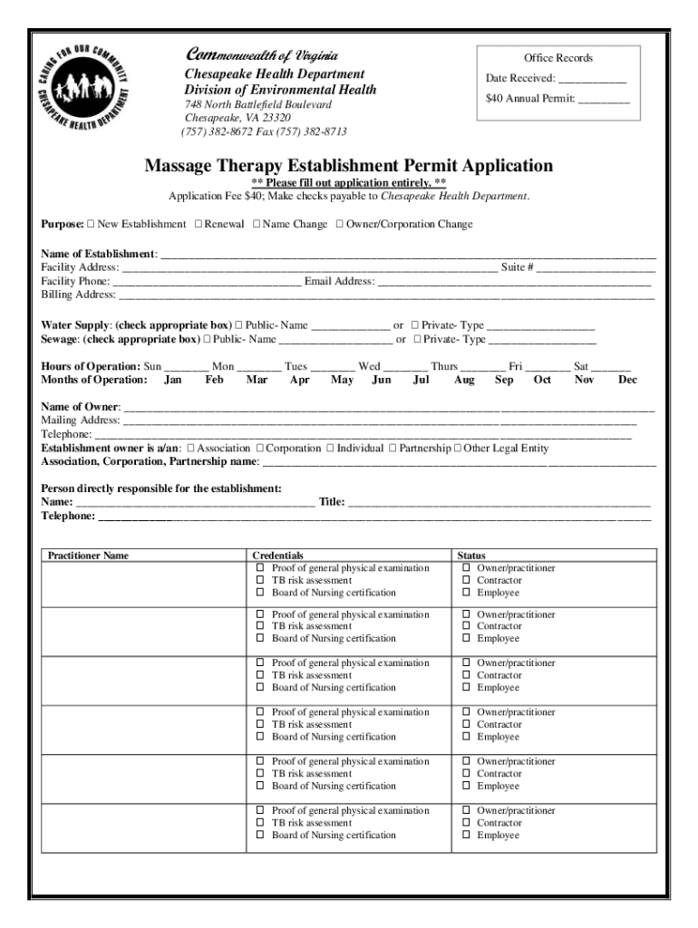 Fillable Online Massage Therapy Establishment Permit Application Fax ...