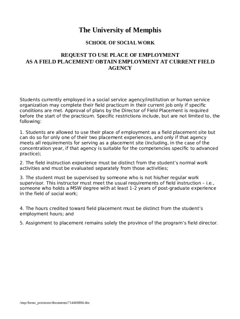 request to use place of employment as a field placement Doc Template | pdfFiller