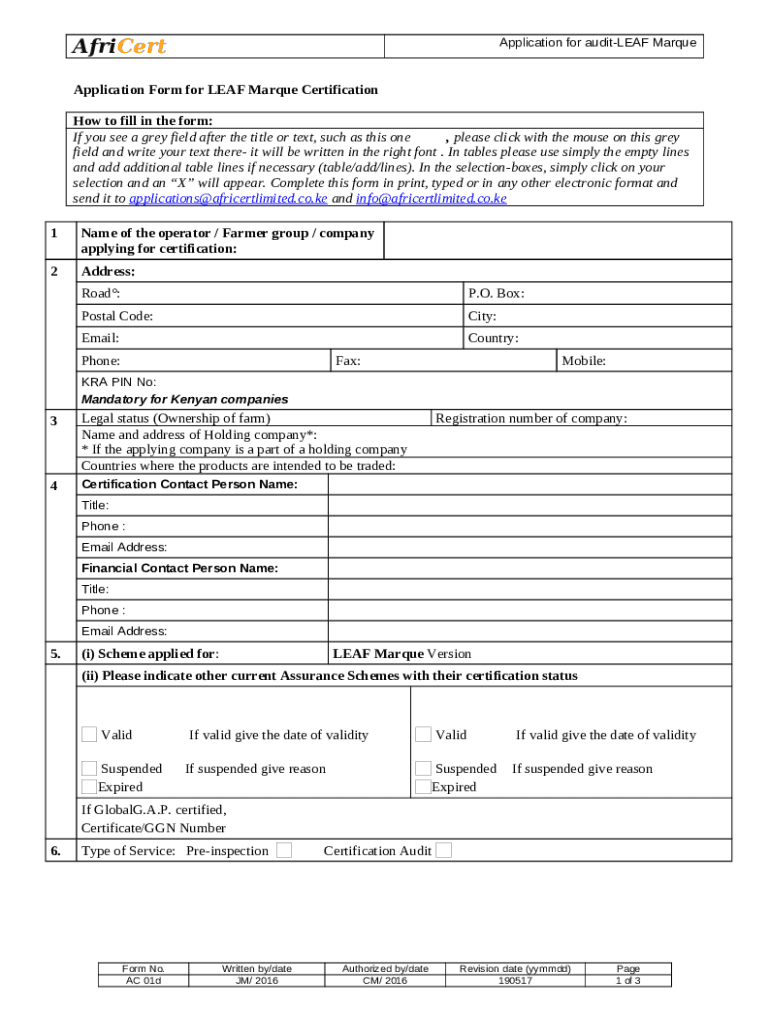 LEAF Marque Certification Body Application - africertlimited co Doc Template | pdfFiller