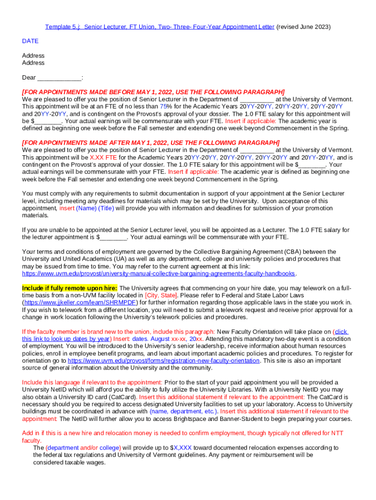 j:Senior Lecturer, FT Union, Two- Three- Four-Year Appointment Letter (revised June 2023) Doc ...