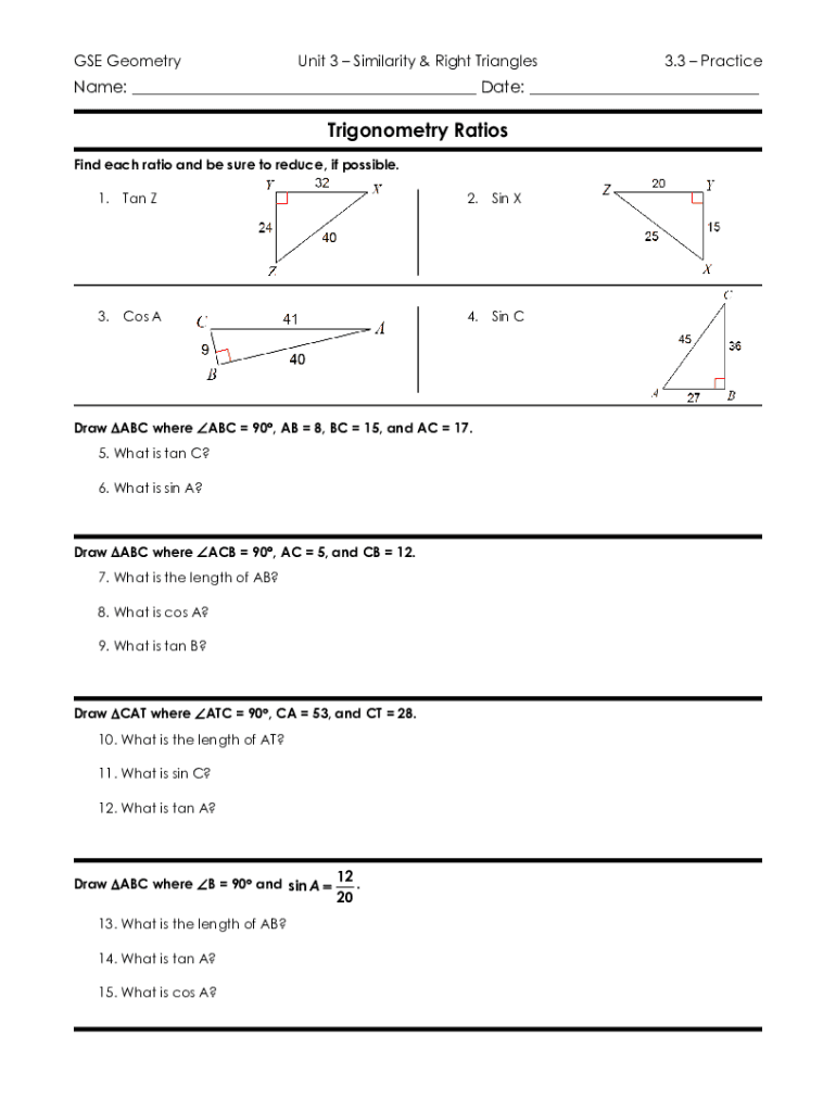 Fillable Online Unit 3 Day 3 Practice Trig Ratios.pdf - GSE Geometry ...