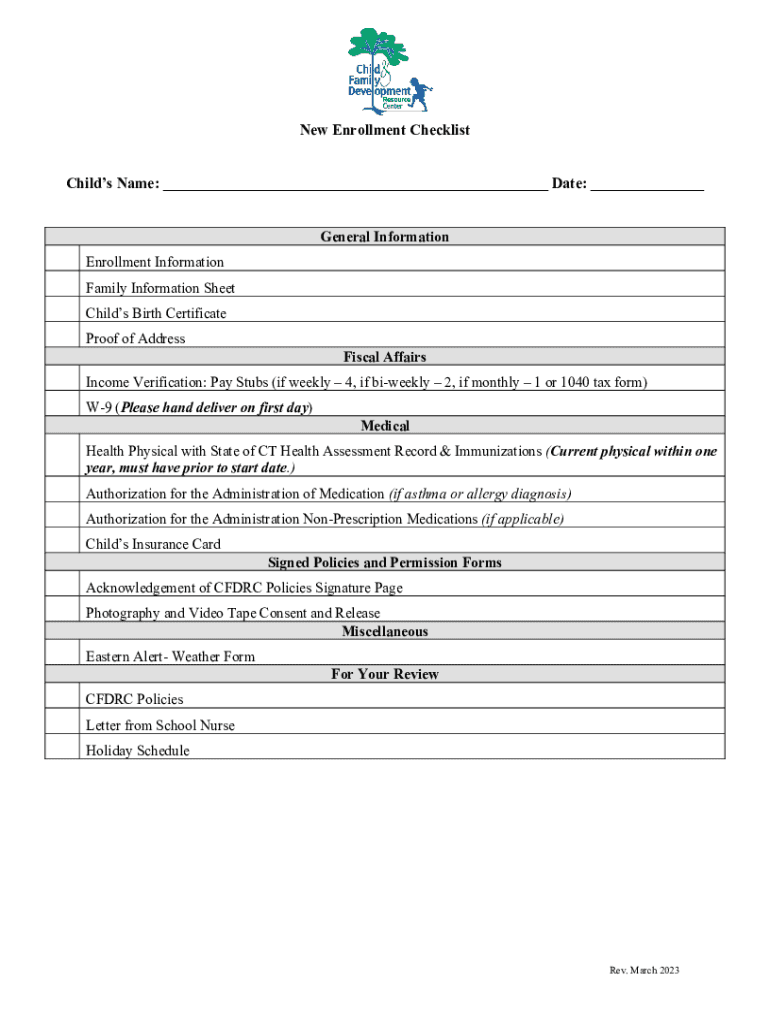 Fillable Online Document Checklist for School Readiness Enrollment and ...