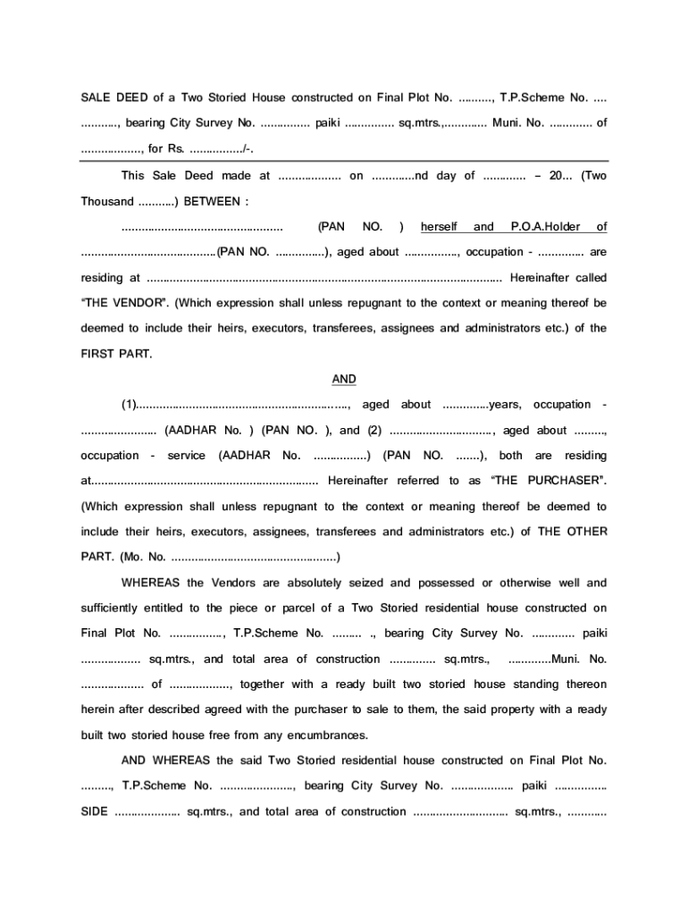 Fillable Online SALE DEED of a Two Storied House constructed on Final ...