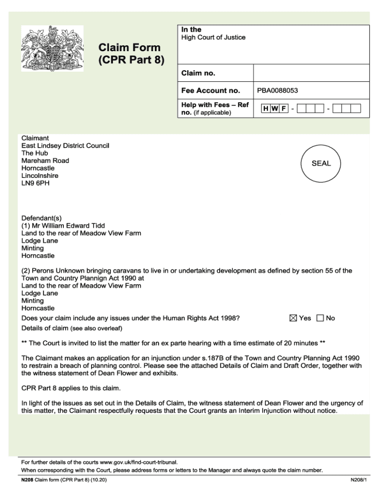 Fillable Online Claim form (CPR Part 8) - Forms - VLEX 863089637 Fax ...