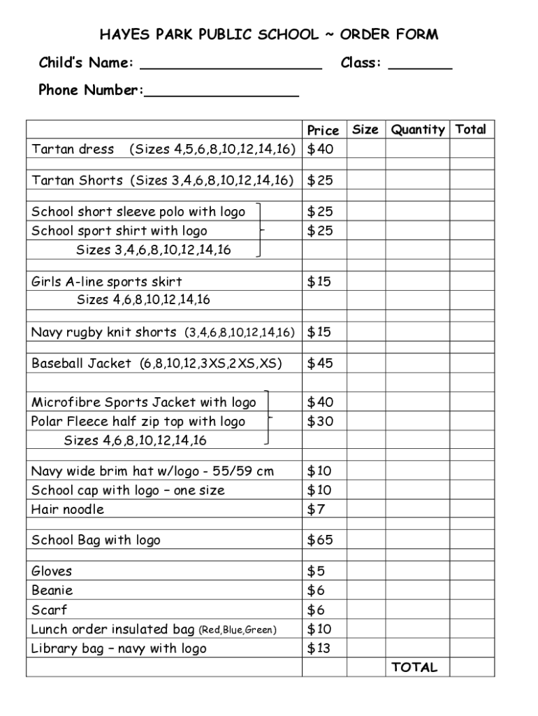 Fillable Online Hayes Park Public SchoolOrder Form Fax Email Print ...