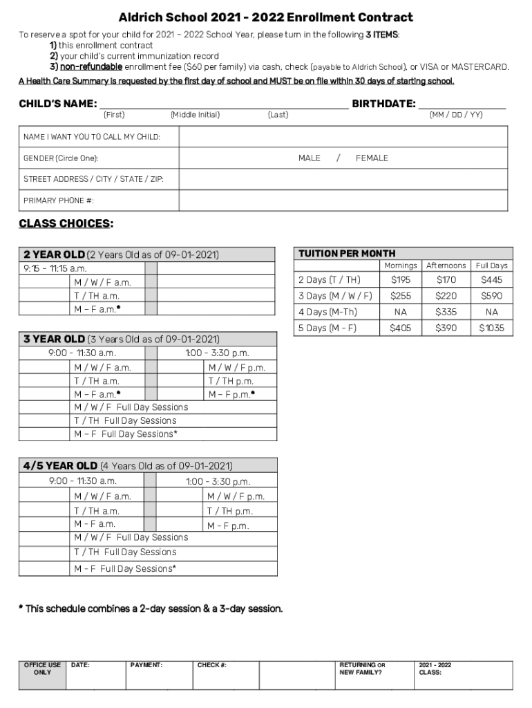 Fillable Online To reserve a spot for your child for 2021 2022 School ...