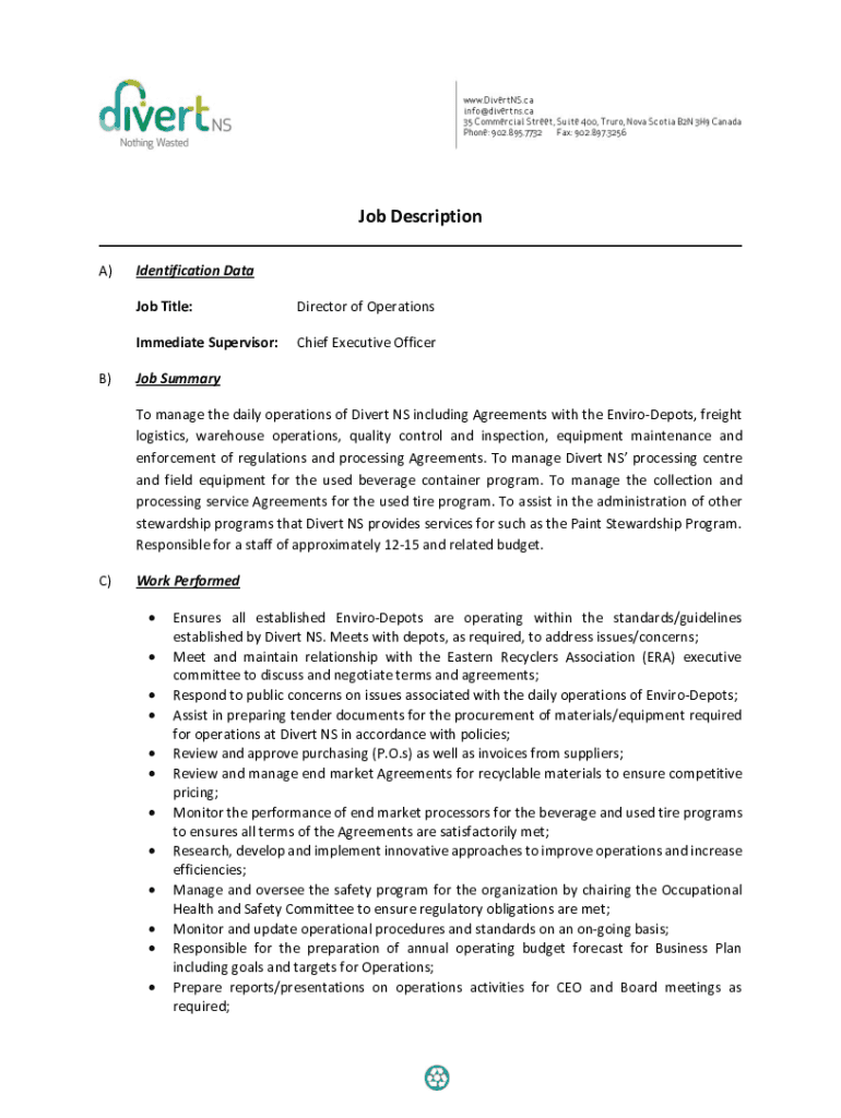 Fillable Online Job Description Chief Executive Officer Divert NS Fax ...