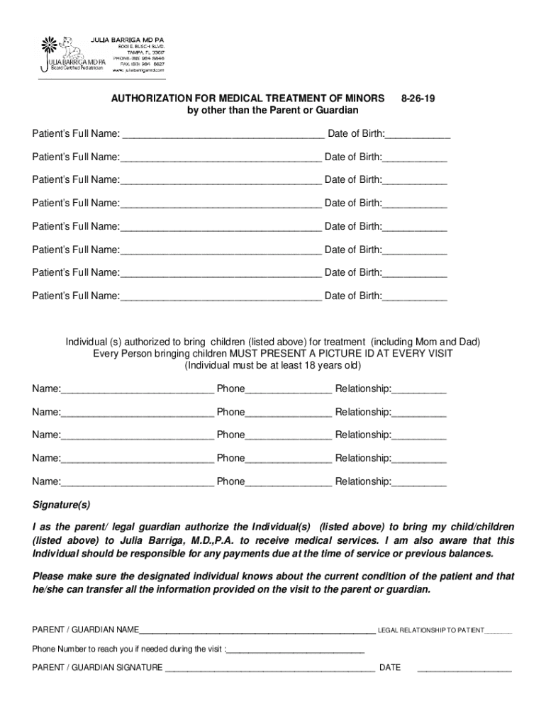 Fillable Online 04-Authorization for treatment of Minors by other than ...