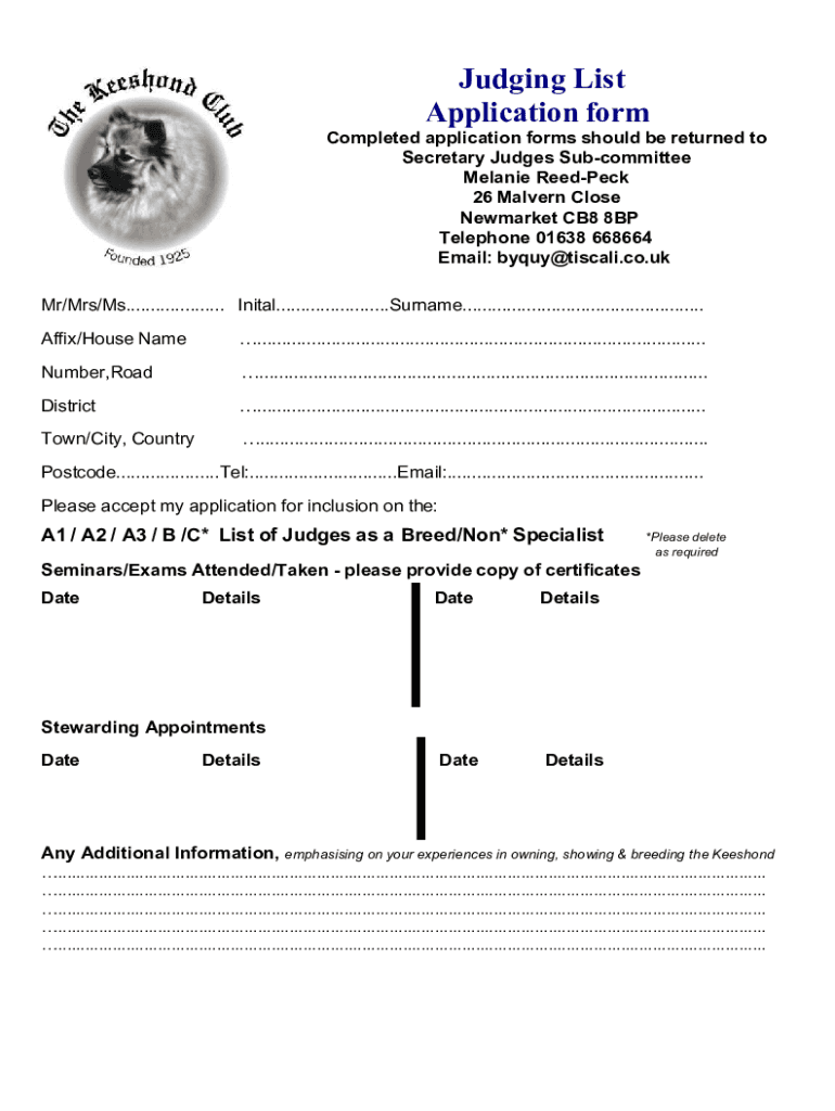 Fillable Online keeshondclub co Judging List Application form Fax Email ...