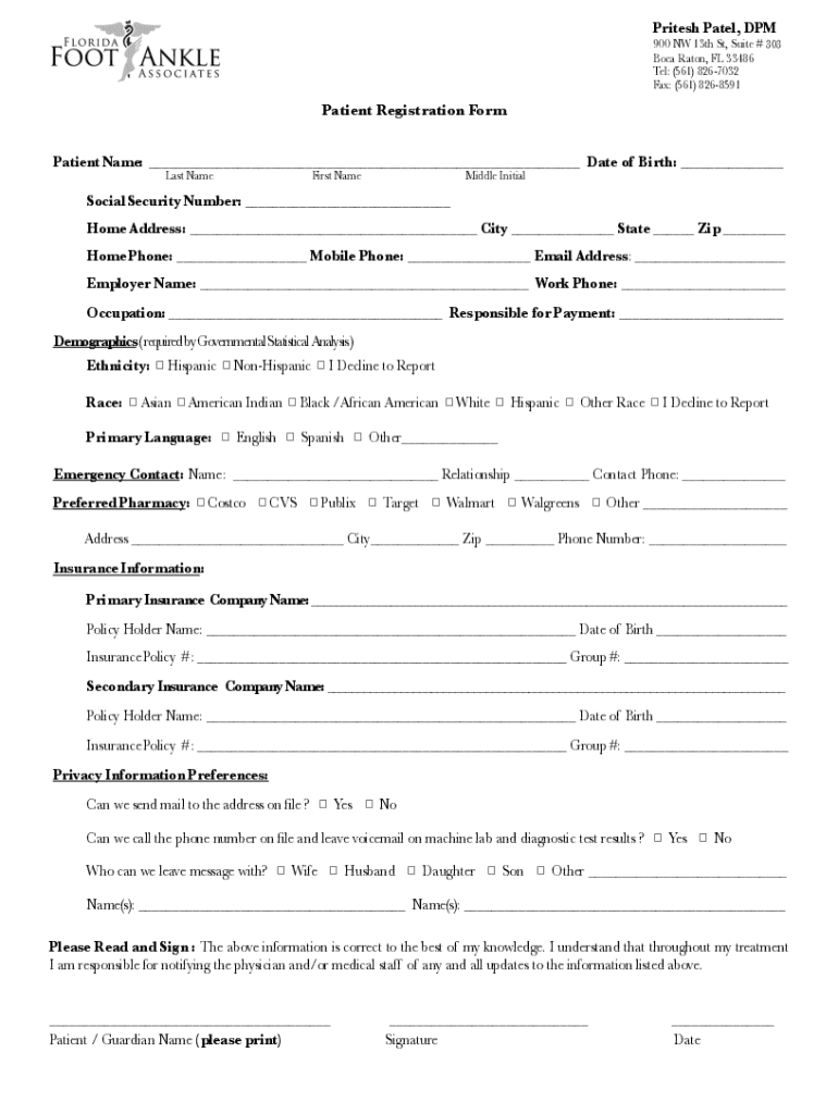 Fillable Online Dr. Pritesh Patel, DPM - Podiatric Foot & Ankle Surgery ...
