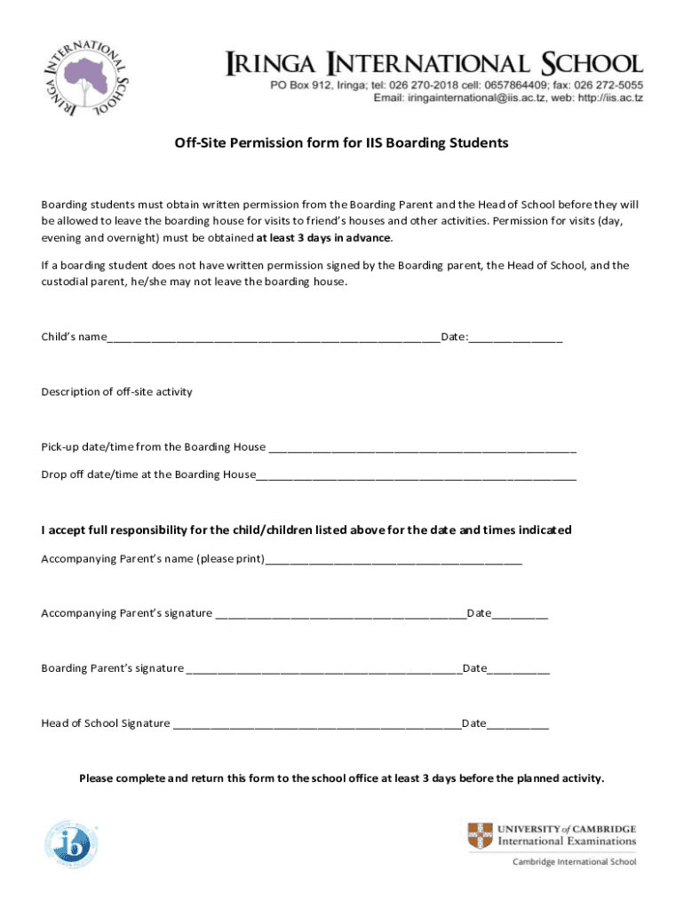 Fillable Online Off-Site Permission form for IIS Boarding Students Fax ...