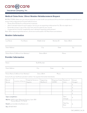 Fillable Online Medical Claim FormDirect Member Reimbursement ... Fax ...