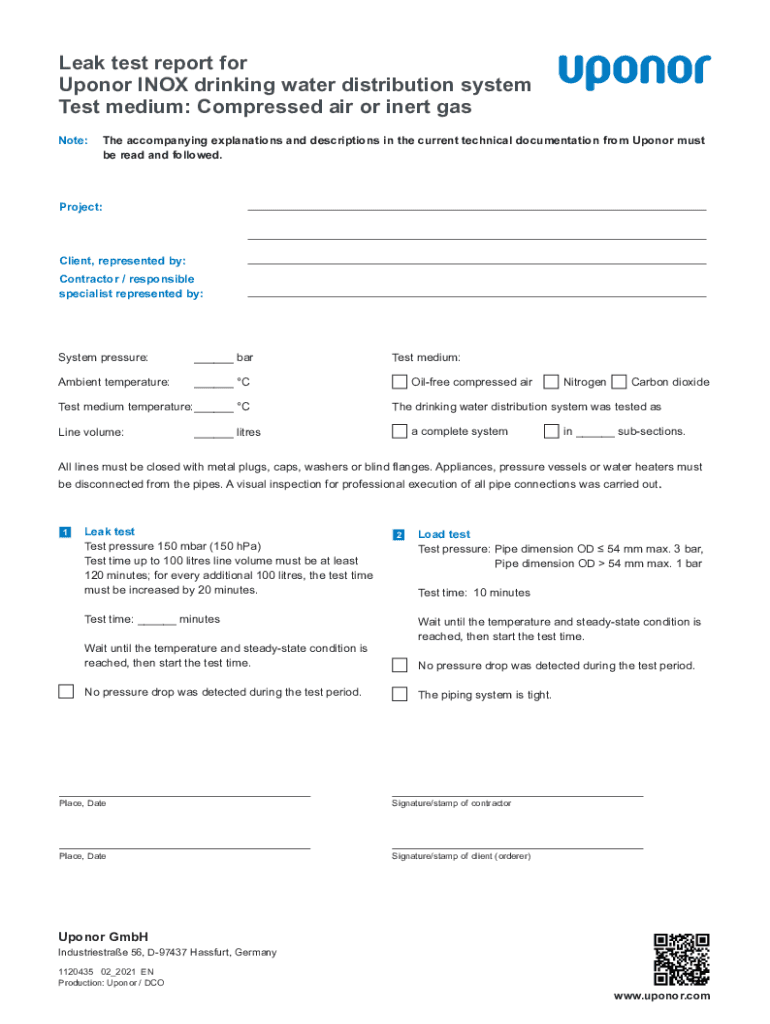 Fillable Online Leak test report for Uponor heating installations. Test ...