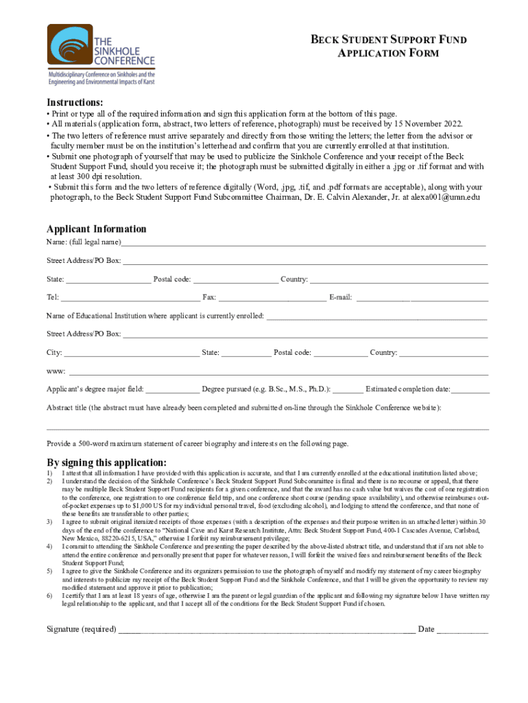 Fillable Online beck student support fund application form Fax Email ...