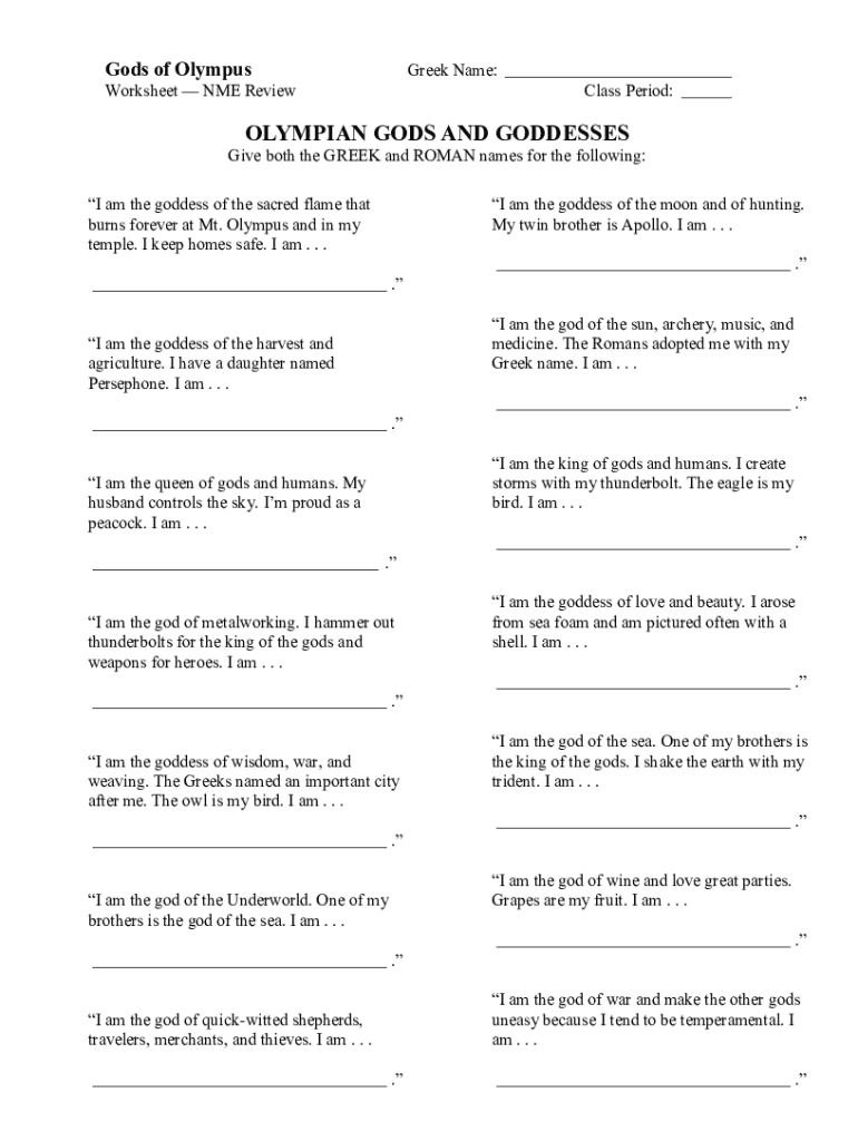 Fillable Online ANSWER KEY: Olympian Gods & Goddesses Chart Fax Email ...