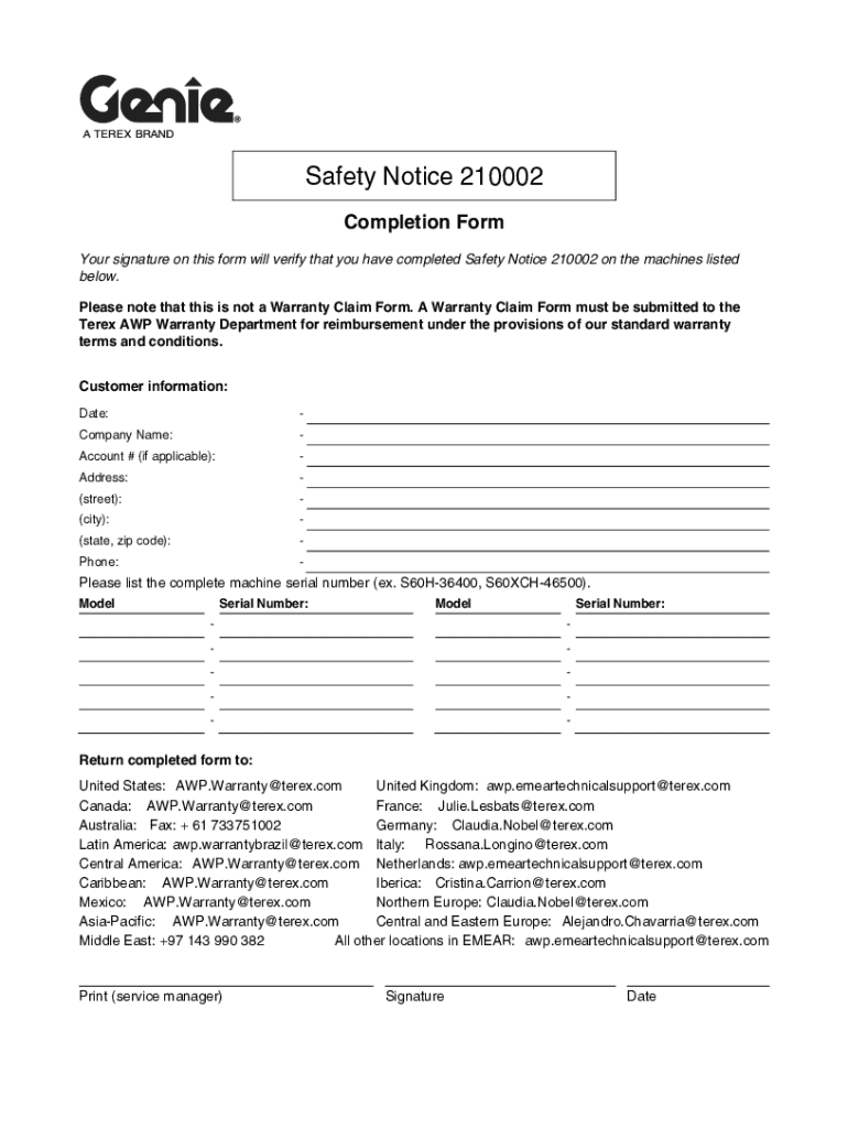 Fillable Online Genie Lifts Safety Notice (Immediate Action Required ...