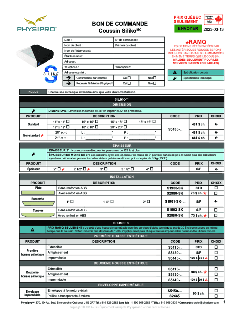 Remplissable En Ligne ORDER FORM SilikoTM Cushion Fax Email Imprimer - pdfFiller