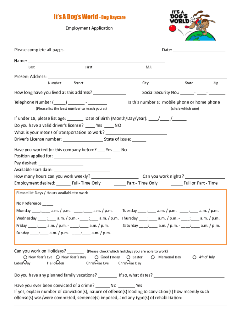 Fillable Online It's A Dog's World - Employment application Fax Email ...