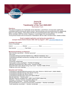 Fillable Online TOASTMASTER OF THE YEAR Fax Email Print - pdfFiller