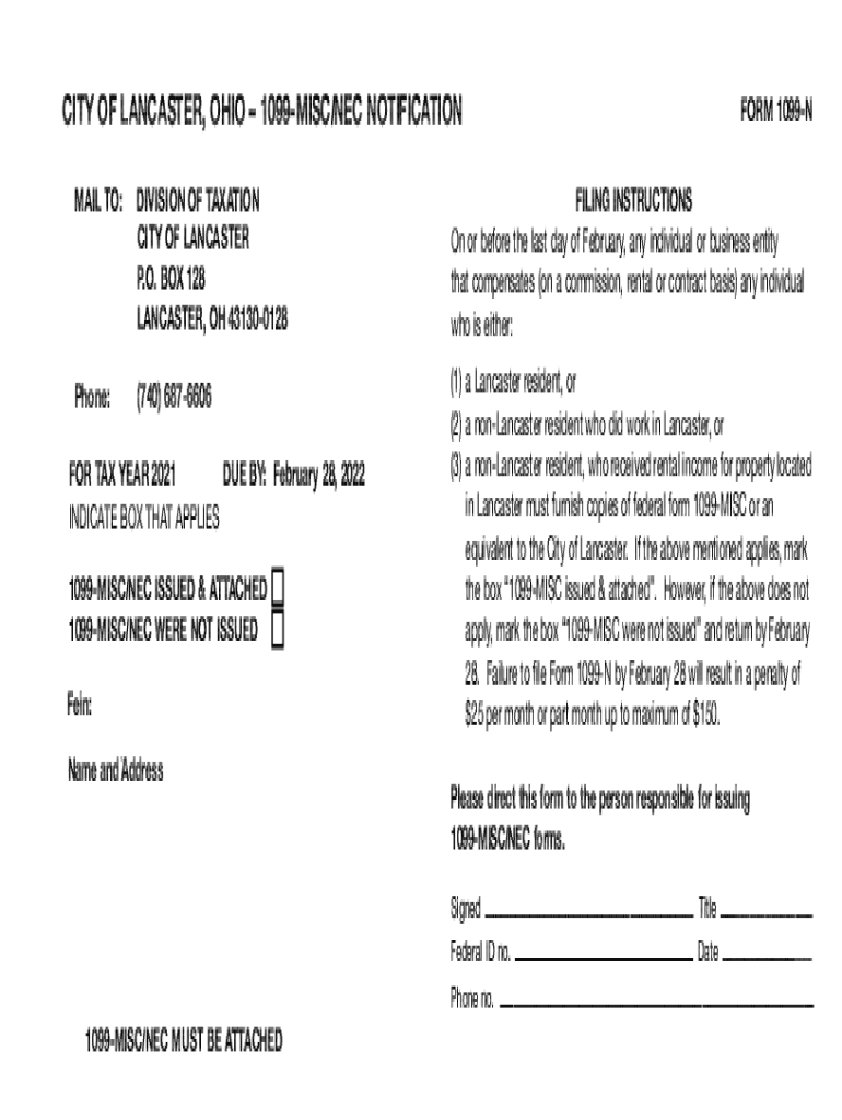 Fillable Online city of lancaster, ohio - 1099-misc/nec notification ...