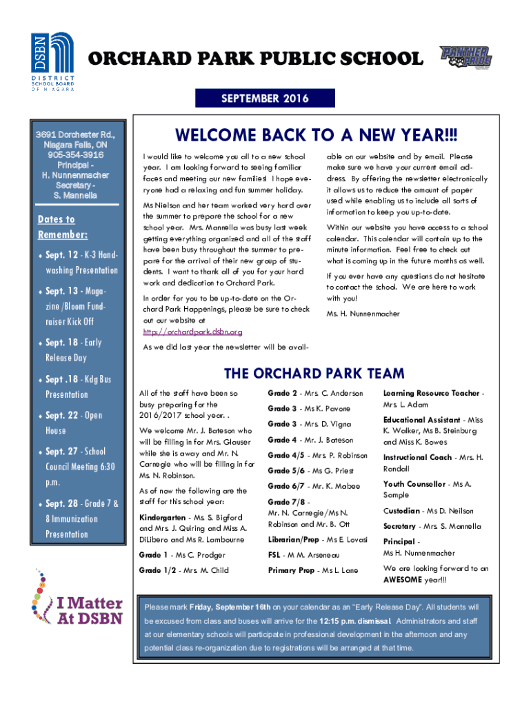 Fillable Online orchardpark dsbn welcome back to a new year!!! - Orchard Park Public School Fax ...