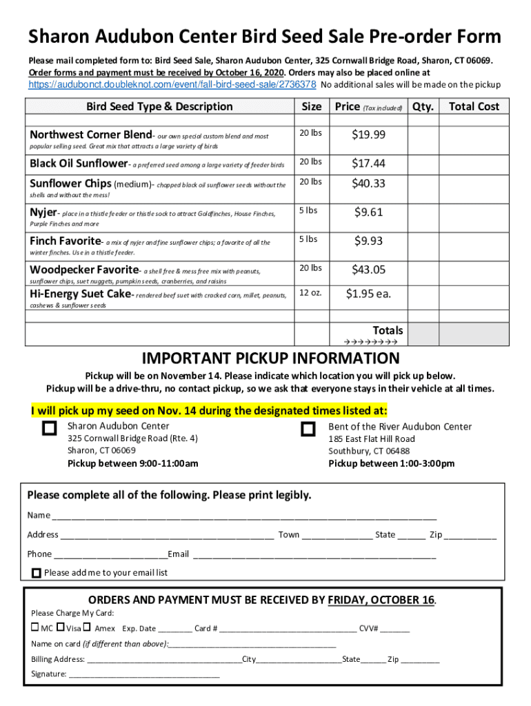 Fillable Online sharon audubon Sharon Audubon Center Bird Seed Sale Pre-order Form Fax Email ...