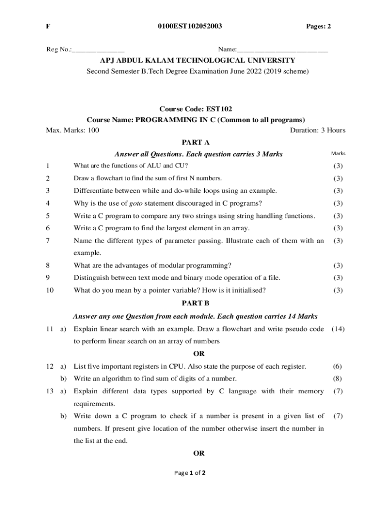 Fillable Online K T U (APJAKTU) EST 102 "Programming in C" solved Model ... Fax Email Print ...