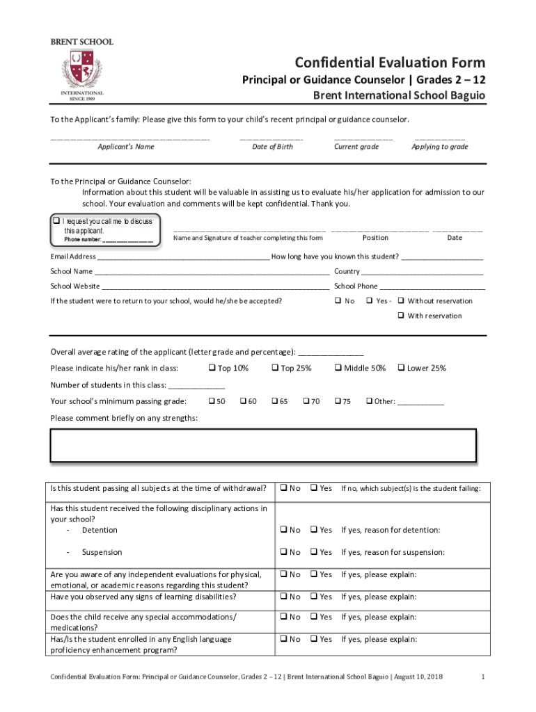 Fillable Online brentbaguio edu Confidential Principal Evaluation Form Rising 9th through ...