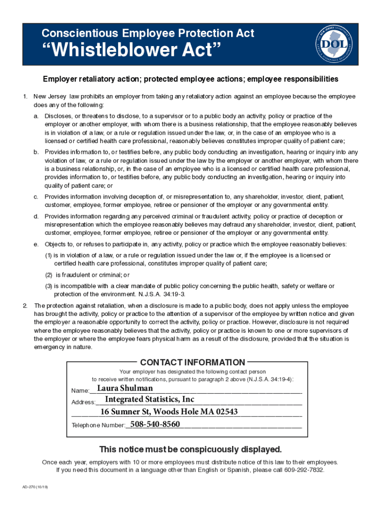 Fillable Online The NJ Conscientious Employee Protection Act Fax Email ...