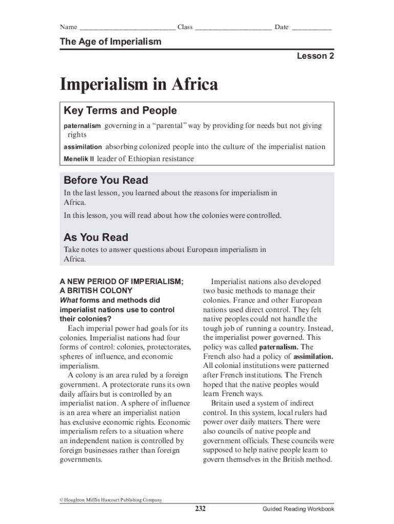 Fillable Online history work - The Age of Imperialism Lesson 2 ... Fax ...