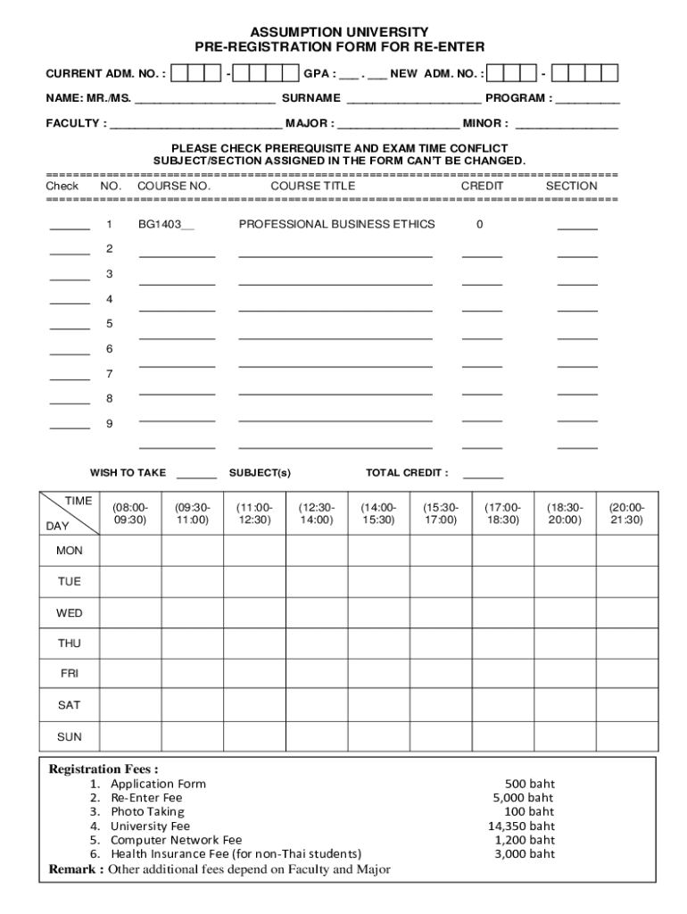 Fillable Online assumption university pre-registration form for re ...