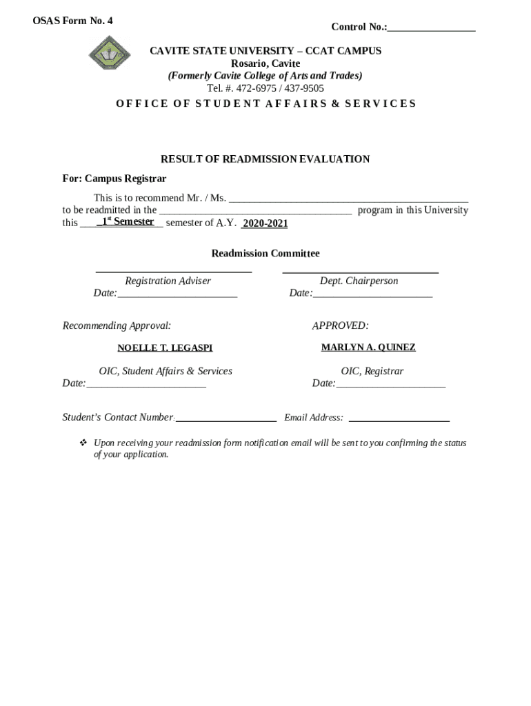 OSAS--4-Readmission-- ... - cvsu-rosario edu Doc Template | pdfFiller