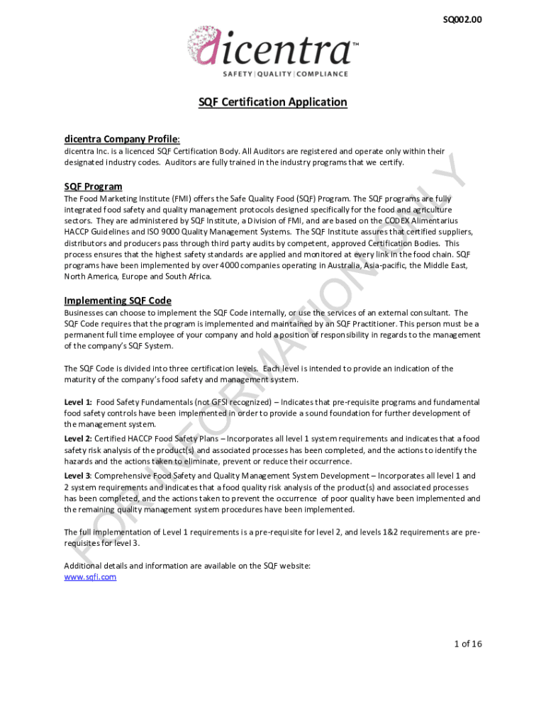 Fillable Online SQF Certification Service Agreementdicentra Fax Email ...