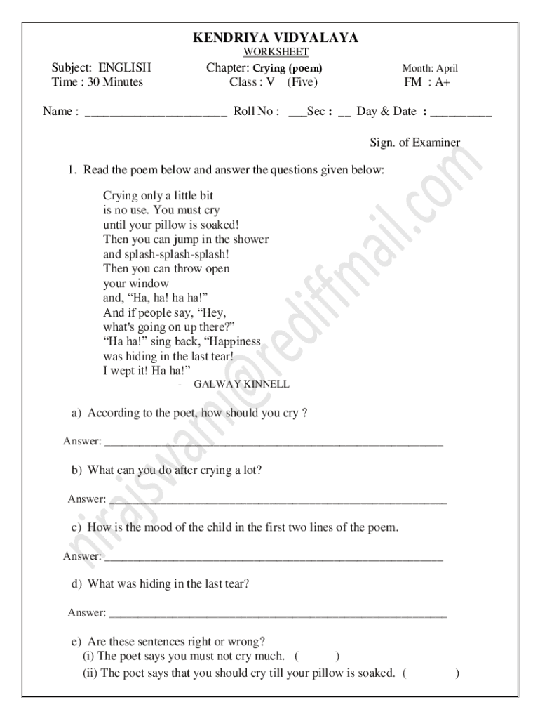 Fillable Online kendriya vidyalaya - worksheet Fax Email Print - pdfFiller