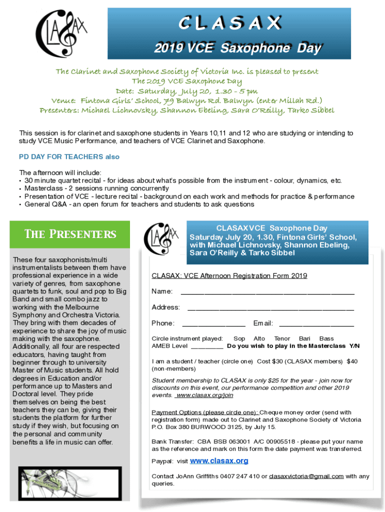 Fillable Online Clasax- The Clarinet and Saxophone Society of Victoria Fax Email Print - pdfFiller