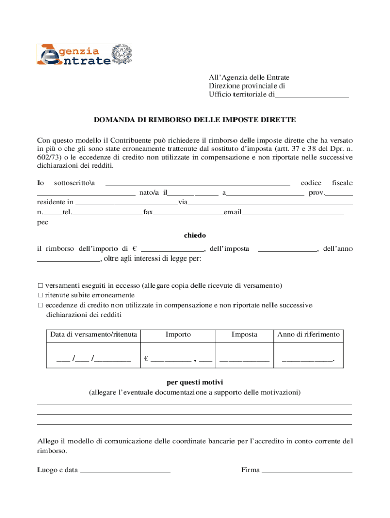 Compilabile Online Richiesta di rimborso delle imposte di registro ...