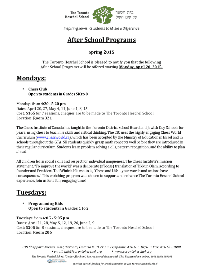 Fillable Online After School Programs Mondays: Tuesdays: Fax Email ...