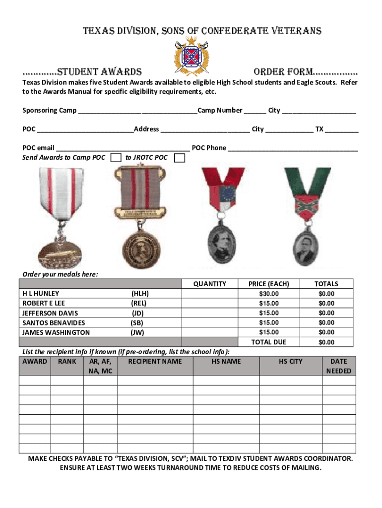 Fillable Online TEXAS DIVISION STUDENT AWARDS ORDER FORM Fax Email ...