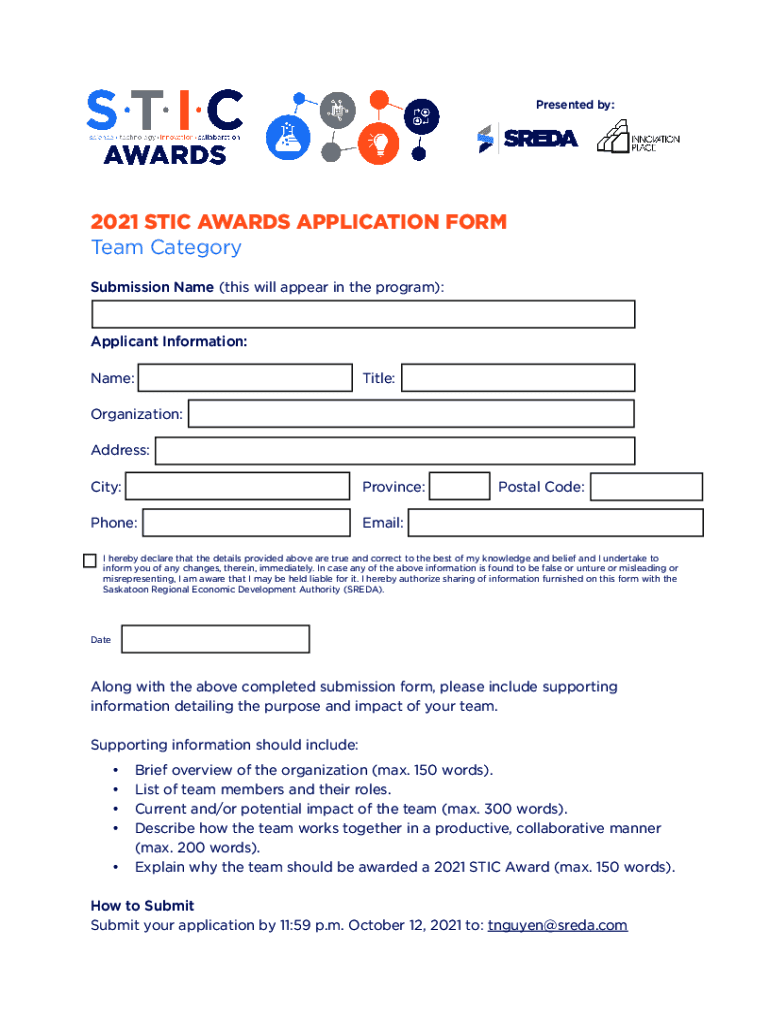 Fillable Online 2021 STIC AWARDS APPLICATION FORM Fax Email Print - pdfFiller