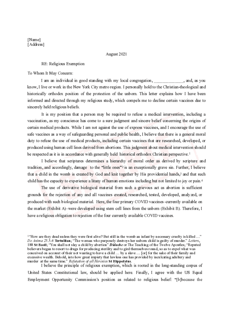Fillable Online Free Religious Exemption Letter Template For Covid ...